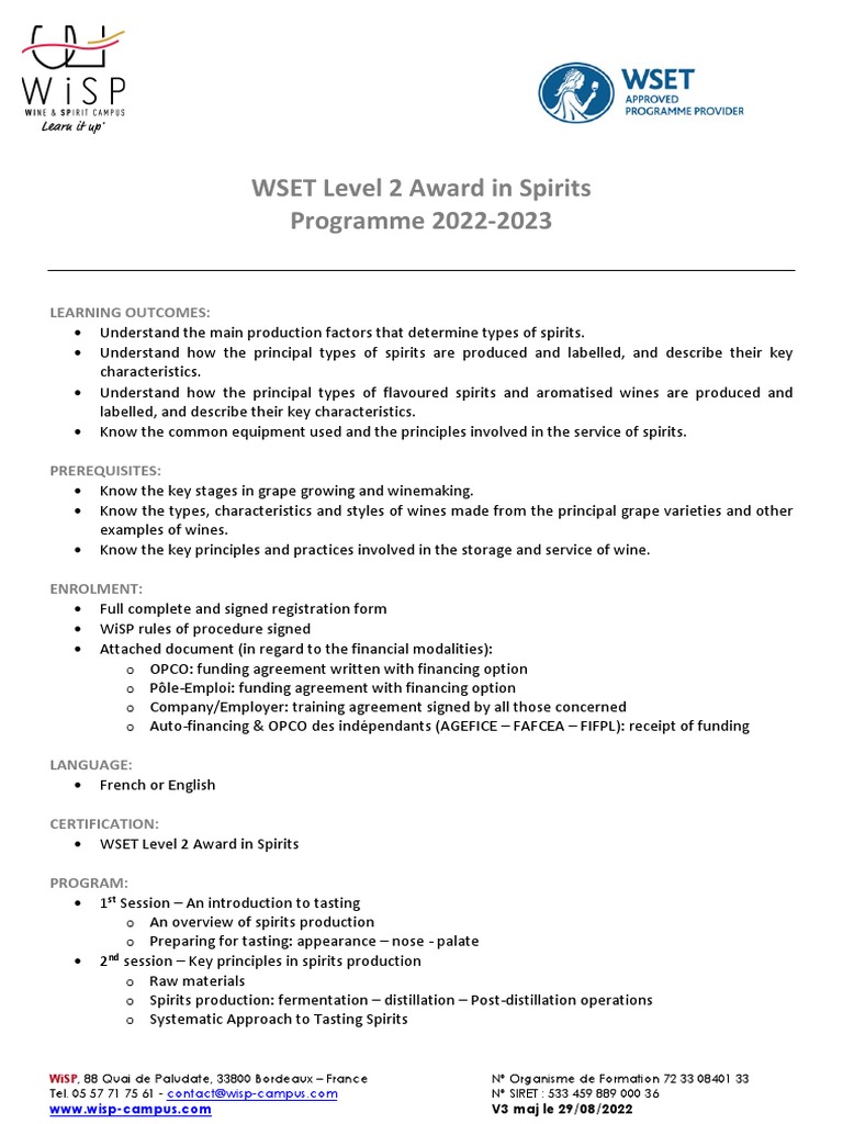 PROGRAMME 2022-2023 WSET Niveau2 Spirits Presentiel EV | PDF | Cocktails | Martini (Cocktail)