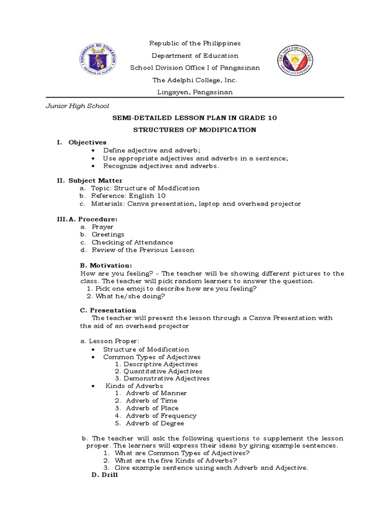 Grade 10 Lesson Plan: Adjectives & Adverbs | PDF