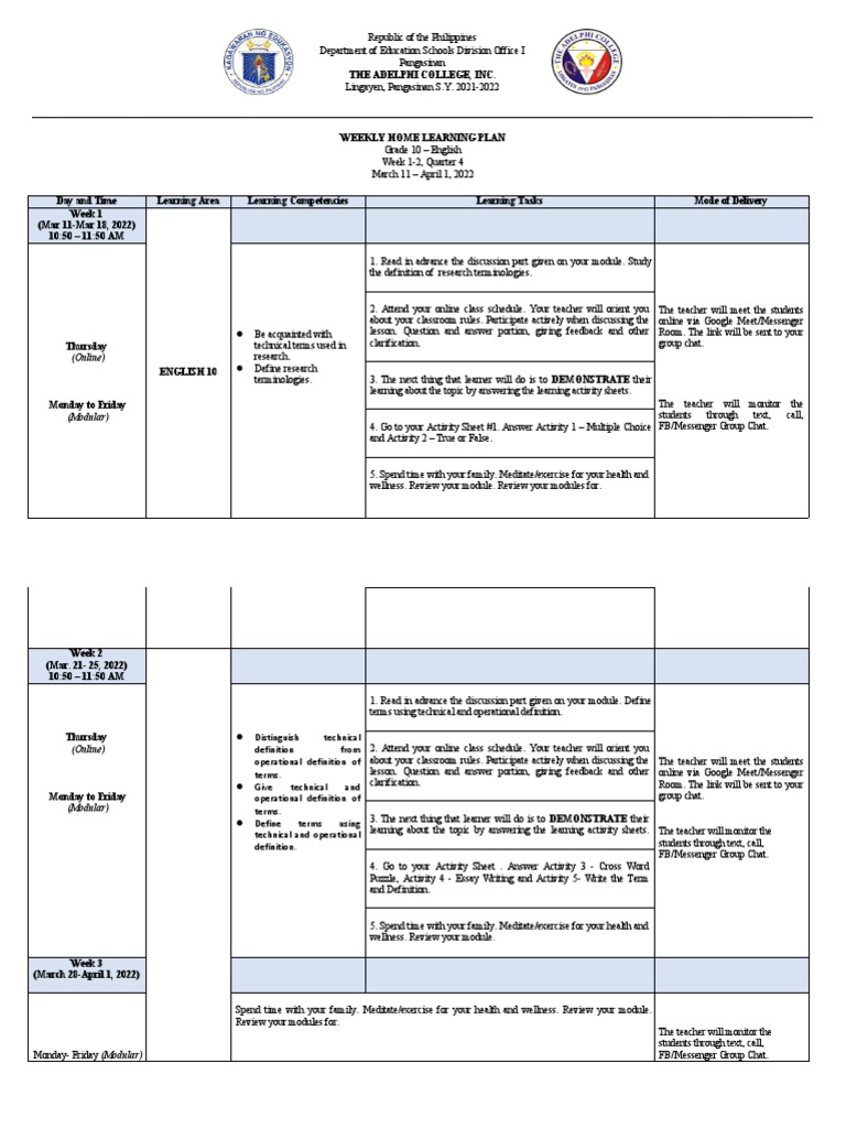 Learning Plan For English 10 Quarter 4 | PDF | Teachers | Learning