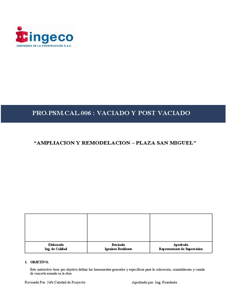 PRO - PSM.CAL.006 Procedimiento de Vaciado y Post Vaciado V01 | PDF ... PRO - PSM.CAL.006 Procedimiento de Vaciado y Post Vaciado V01 | PDF ...