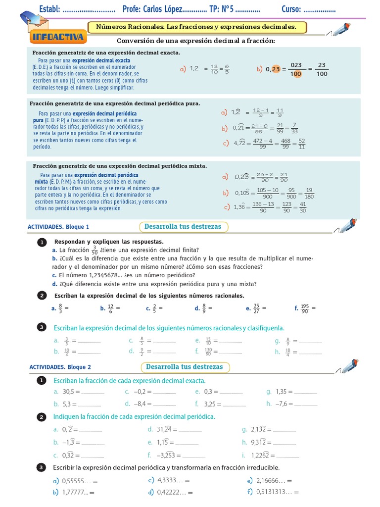 TP #5 Pasaje de Expresión Decimal A Fracción. | PDF | Notación ...