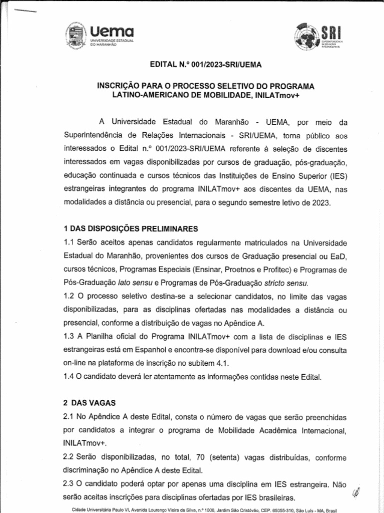 Edital 001 2023 Inilat Uema | PDF