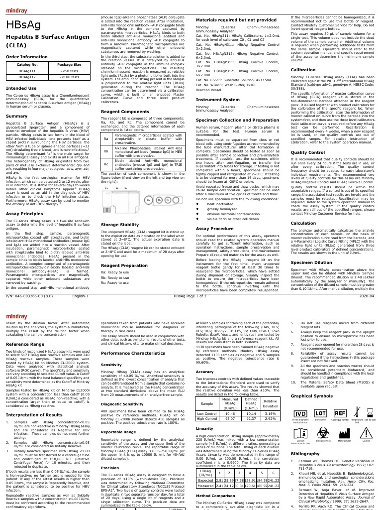 H-046-003266-00 乙型肝炎病毒表面抗原 (HBsAg) 测定试剂盒 (CLIA) 英文说明书 | PDF | Sensitivity And Specificity ...
