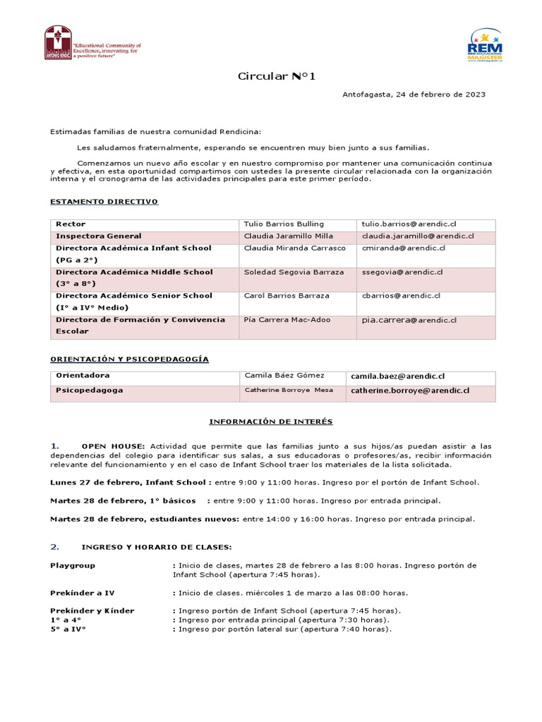 Circular N°1 Inicio Clases CUAR 2023 | PDF