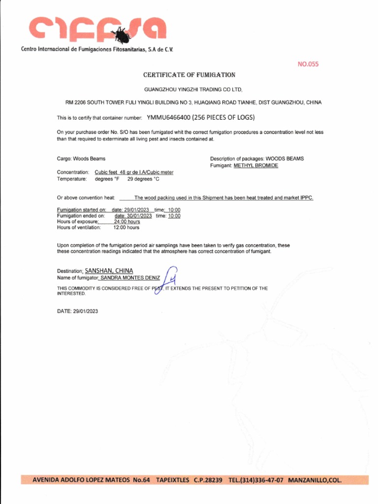 Fumigation Certificate for Wood Shipment | PDF