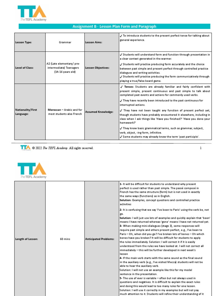 AssignmentB Step1 Model2LessonPlanFormatandParagraph ModelAnswer | PDF | Grammatical Tense | Grammar