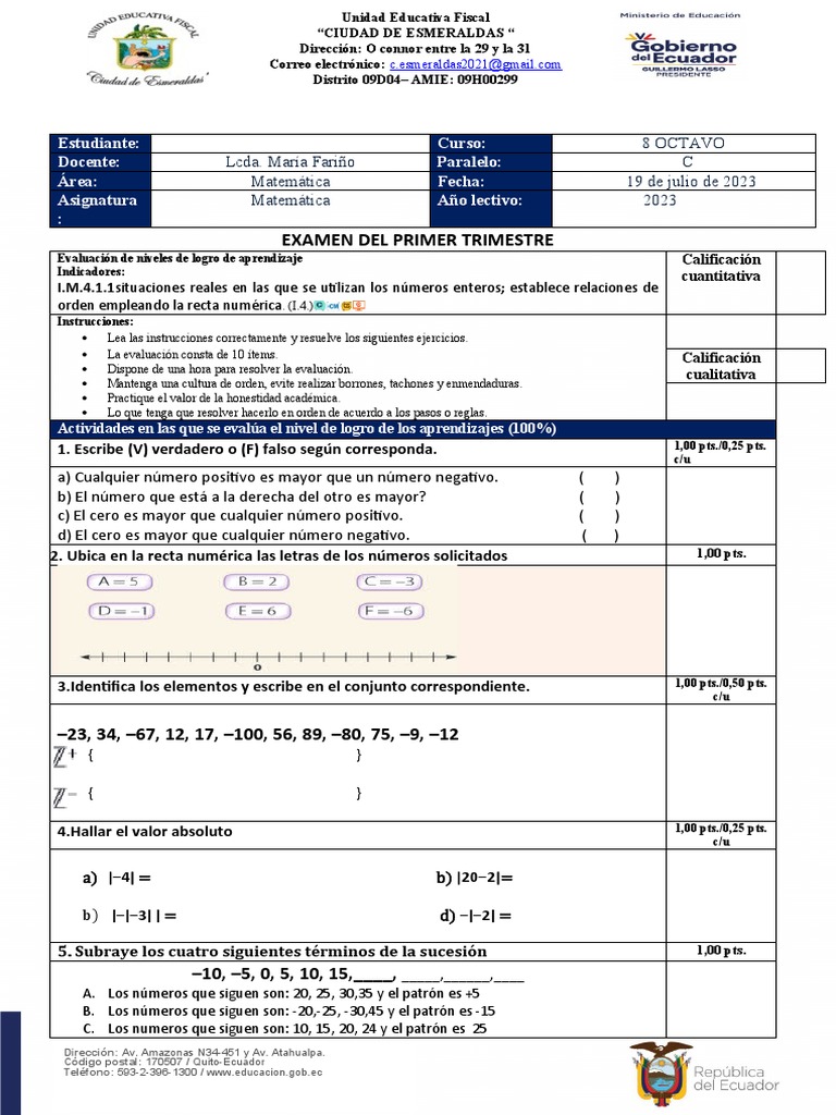 EXAMEN TRIMESTRAL DE MATEMATICA 8c | PDF | Evaluación educativa y evaluación | Notación Matemática