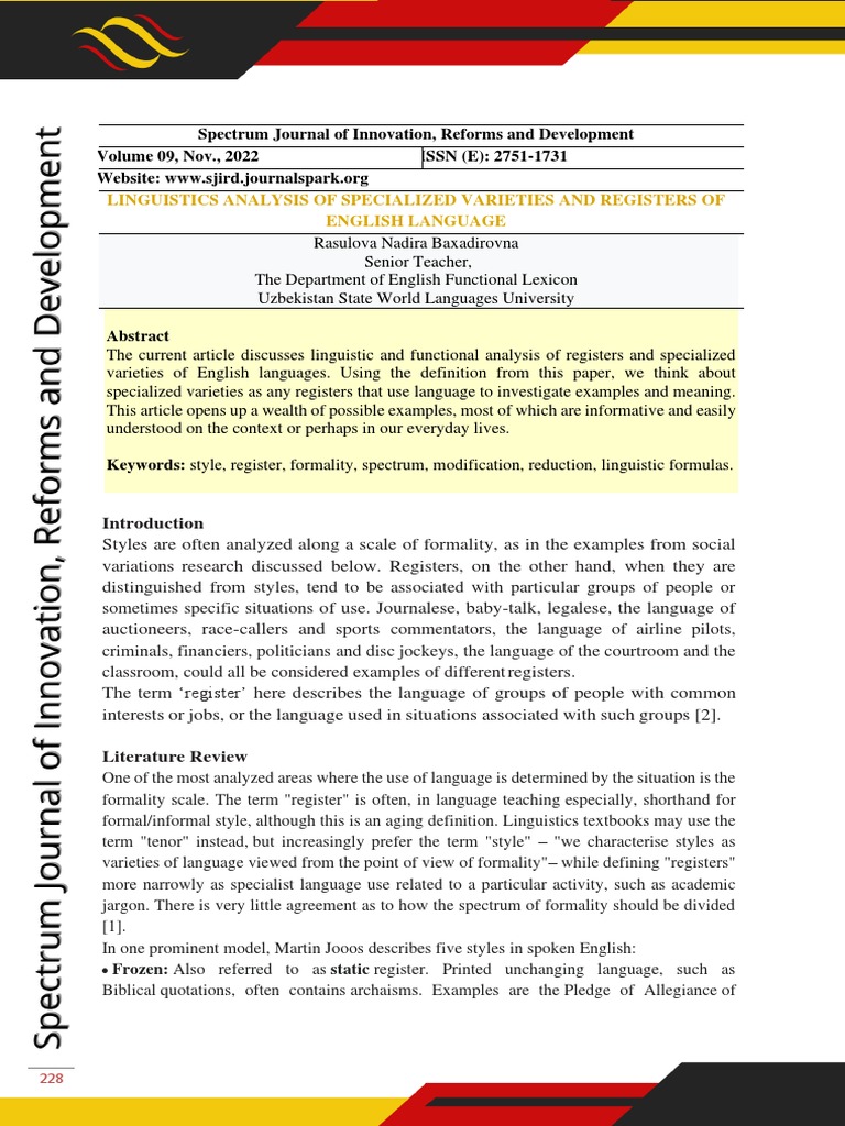 Linguistics Analysis of Specialized Varieties and Registers of English Language | PDF ...