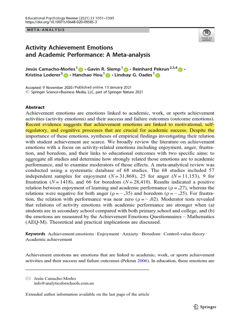 Activity Achievement Emotions and Academic Performance: A Meta-Analysis ...