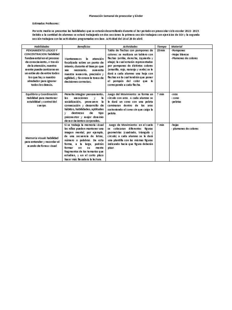 Planeacion Semanal - Preescolar y Kinder | PDF | Educación de la ...