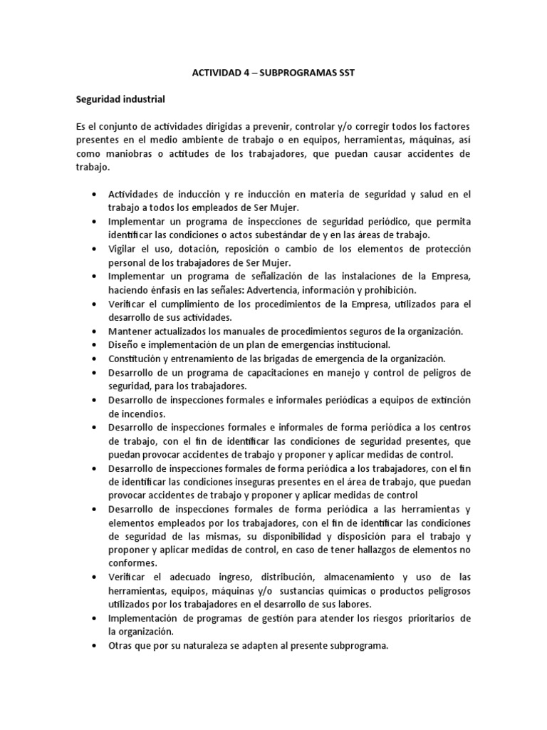 Actividad 4 - Subprogramas SST | PDF | Seguridad y salud ocupacional | Medicina CLINICA