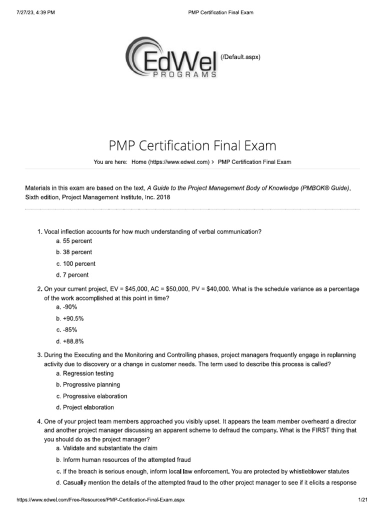 PMP Certification Final Exam | PDF