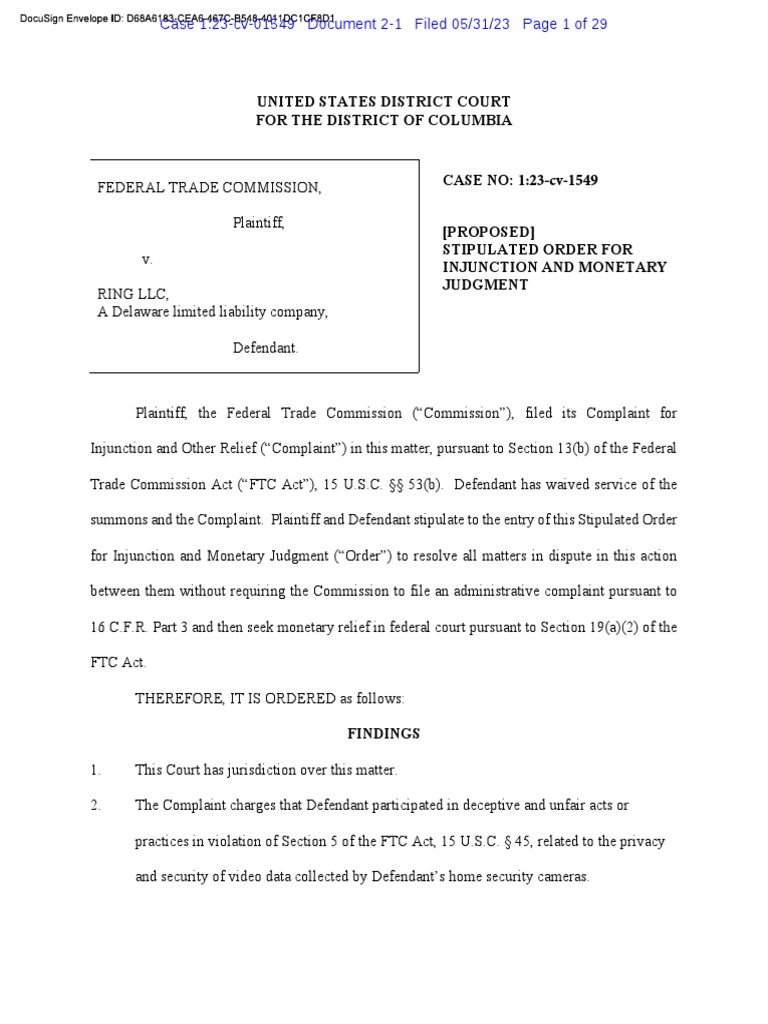 Proposed Stipulated Order Ring | PDF | Complaint | Federal Trade Commission