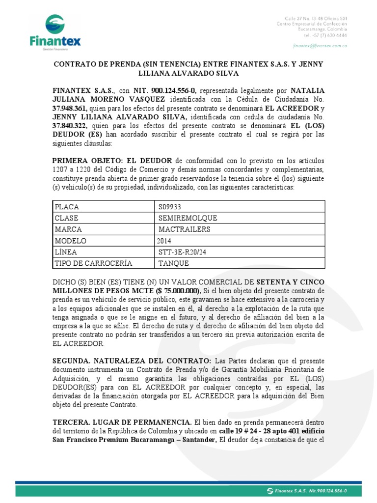 Contrato de Prenda Modelo | PDF | Pagos | Póliza de seguros