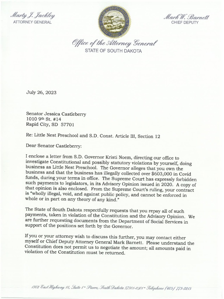 MJJ Letter To Sen. Castleberry Re. Little Nest Preschool | PDF