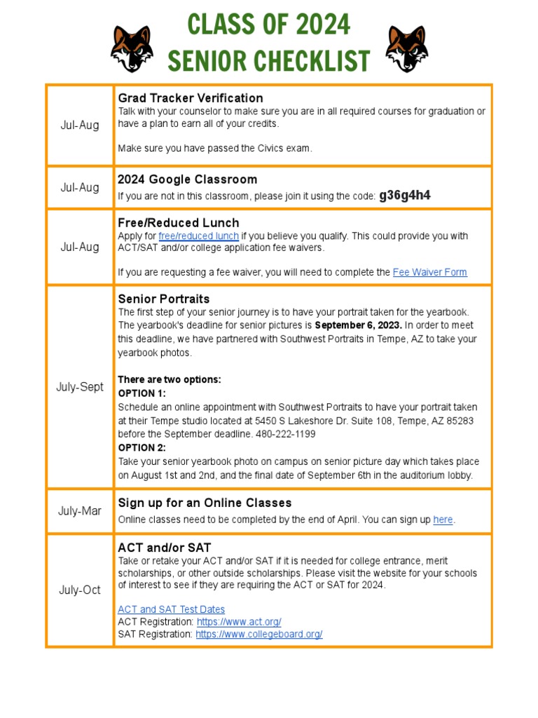 Senior Checklist for Class of 2024 | PDF