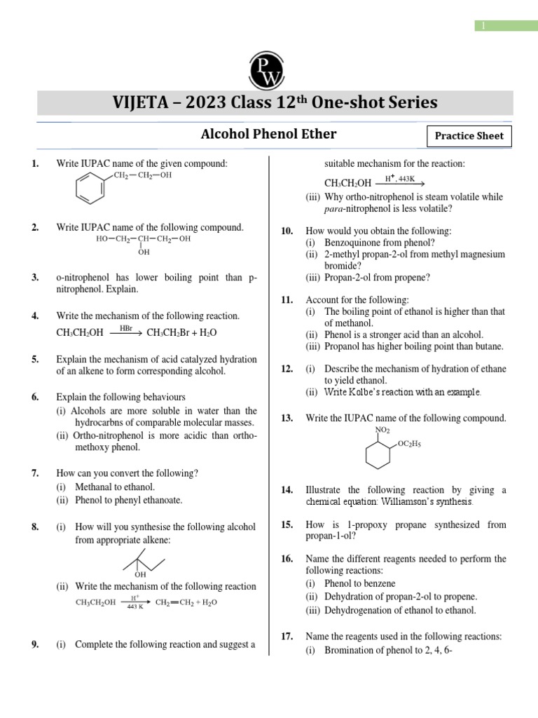 Alcohols Phenols And Ethers Practice Sheet And Solution Vijeta 2023 Download Free Pdf