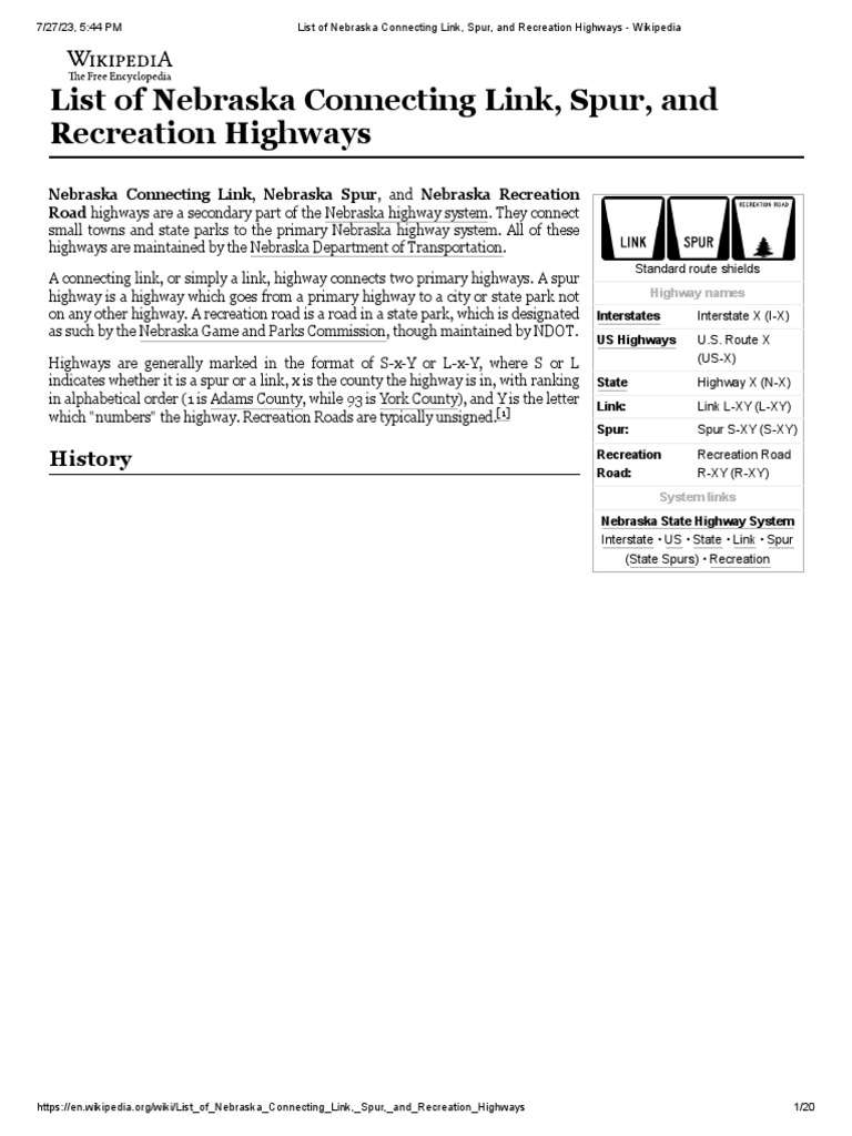List of Nebraska Connecting Link, Spur, and Recreation Highways | PDF