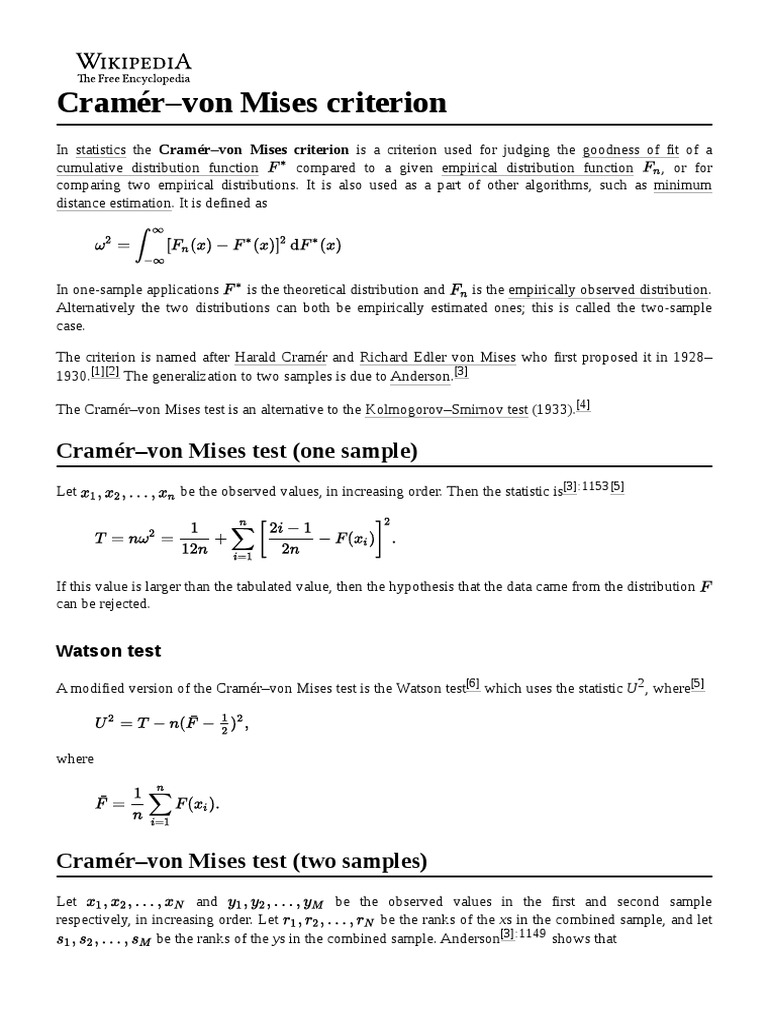 Cramér–von Mises Goodness of Fit Test | PDF | Statistics | Statistical ...