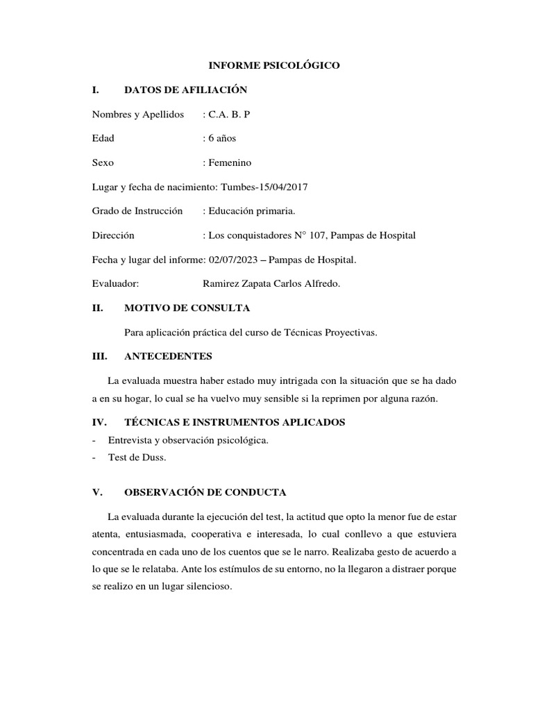 Informe Psicologico Del Duss | PDF | Ciencias del comportamiento | Conceptos psicologicos