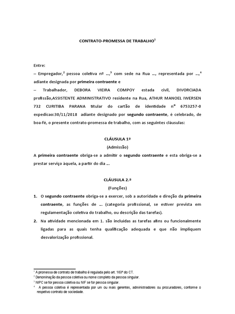 Contrato Promessa de Trabalho | PDF | Férias trabalhistas | Business