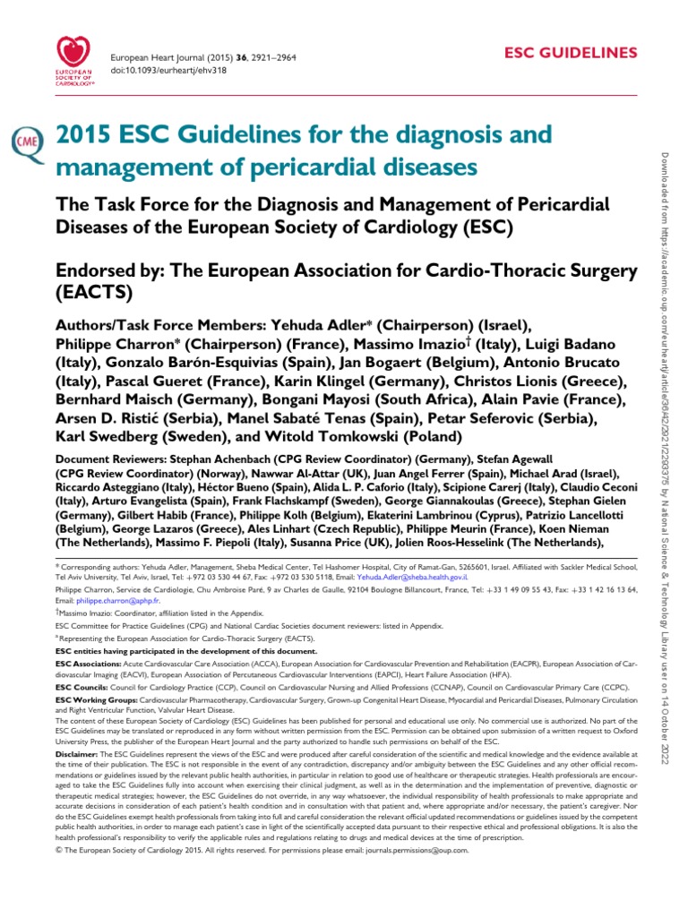 2015 Esc Guidelines For The Diagnosis And Management Of Pericardial