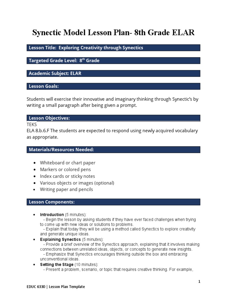 Synectic LP Finalized | PDF | Creativity | Lesson Plan