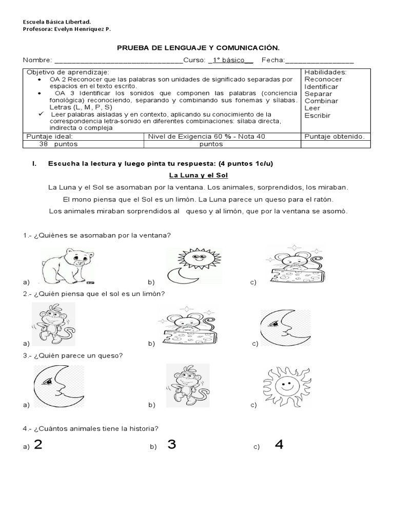 Prueba de Lenguaje y Comunicación L, M, S, P | PDF | Psicolingüística | Escritura