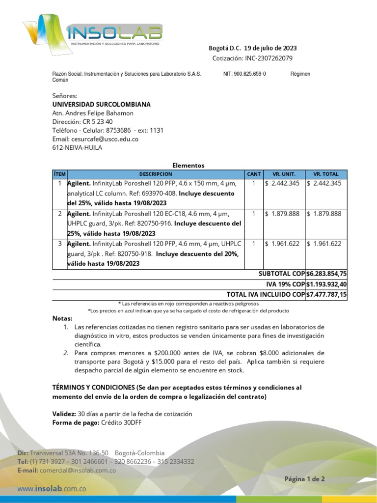 INC 2307262079 N Agilent Usco Andres Felipe Bahamon | PDF