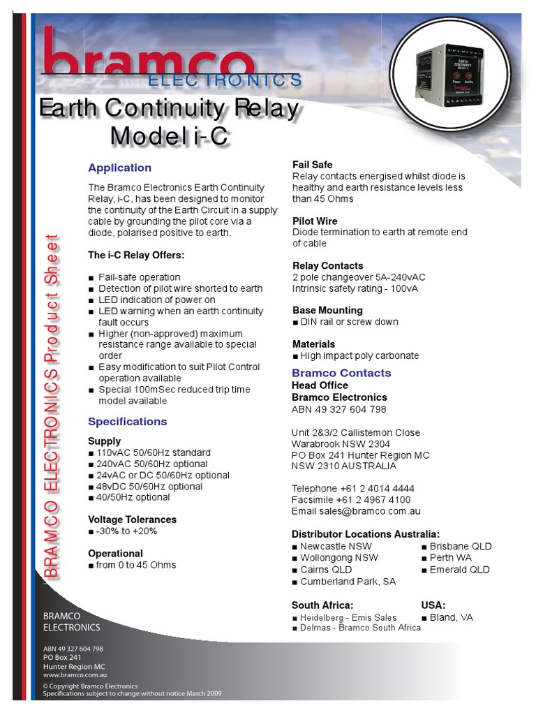 Bramco I-C Earth Continuity Relay Data Sheet | PDF