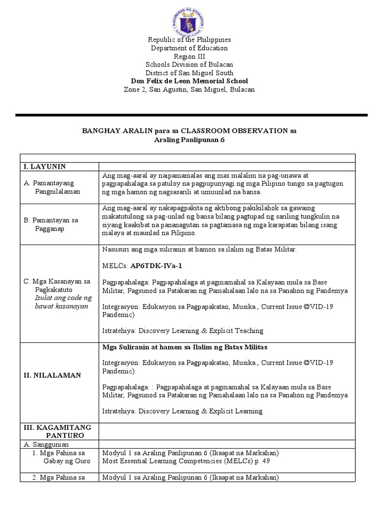 Co Lesson Plan AP 6 Batas Militar | PDF