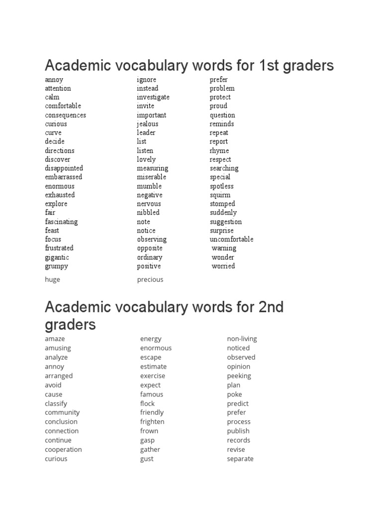Academic Vocabulary Words For 1st Graders | PDF