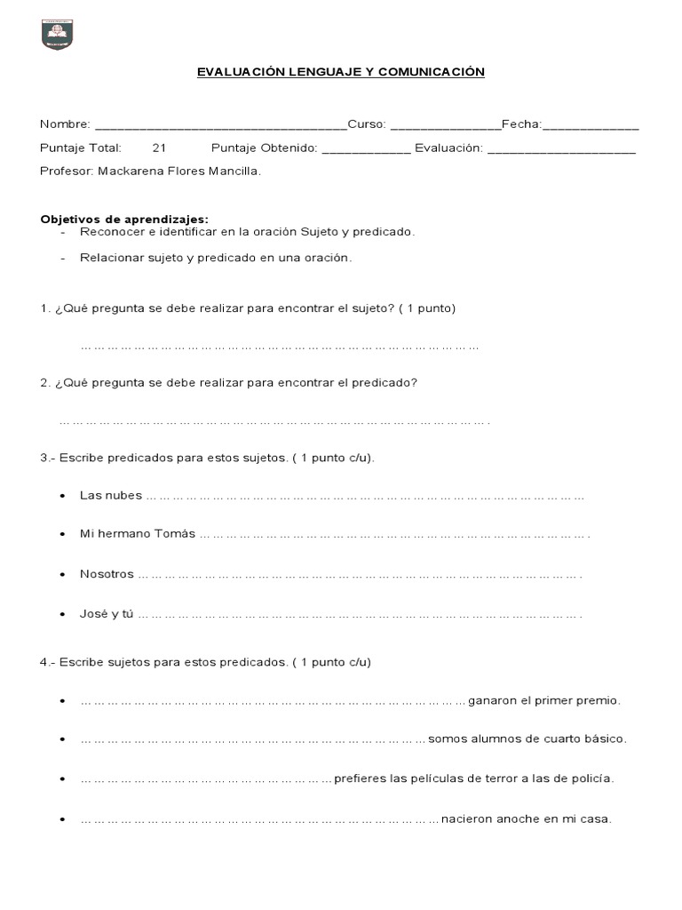 Prueba Sujeto Predicado | PDF | Artes del Lenguaje y Comunicación ...