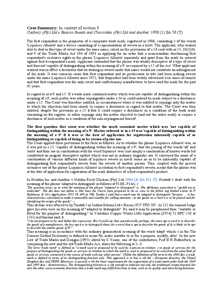Summary of Cadbury (Pty) LTD V Beacon Sweets and Chocolates (Pty) LTD ...