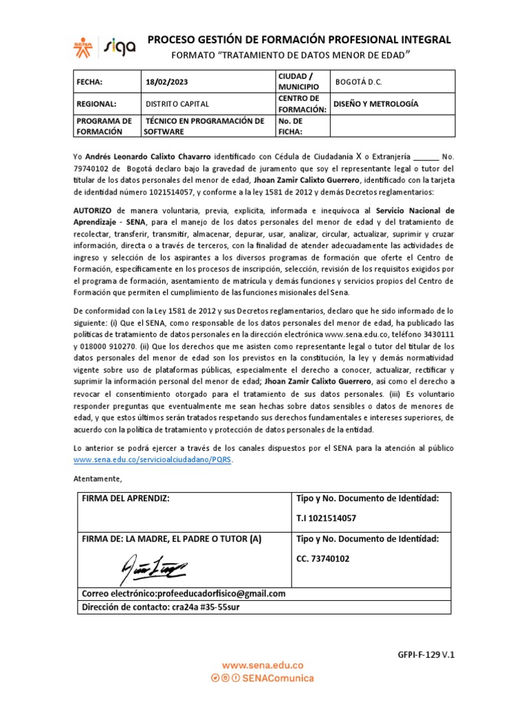 GFPI-F-129 Formato Tratamiento de Datos Menor de Edad | PDF | Finanzas y dinero