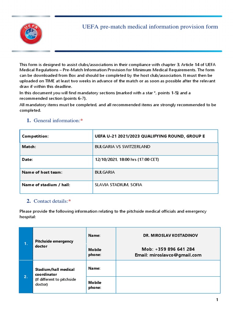UEFA Pre-Match Medical Compliance Form | PDF | Ambulance | Emergency ...