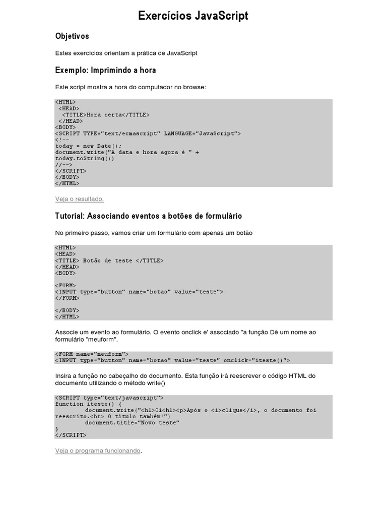 Exercícios JavaScript | PDF | Script Java | Janela (informática) Exercícios JavaScript | PDF | Script Java | Janela (informática)