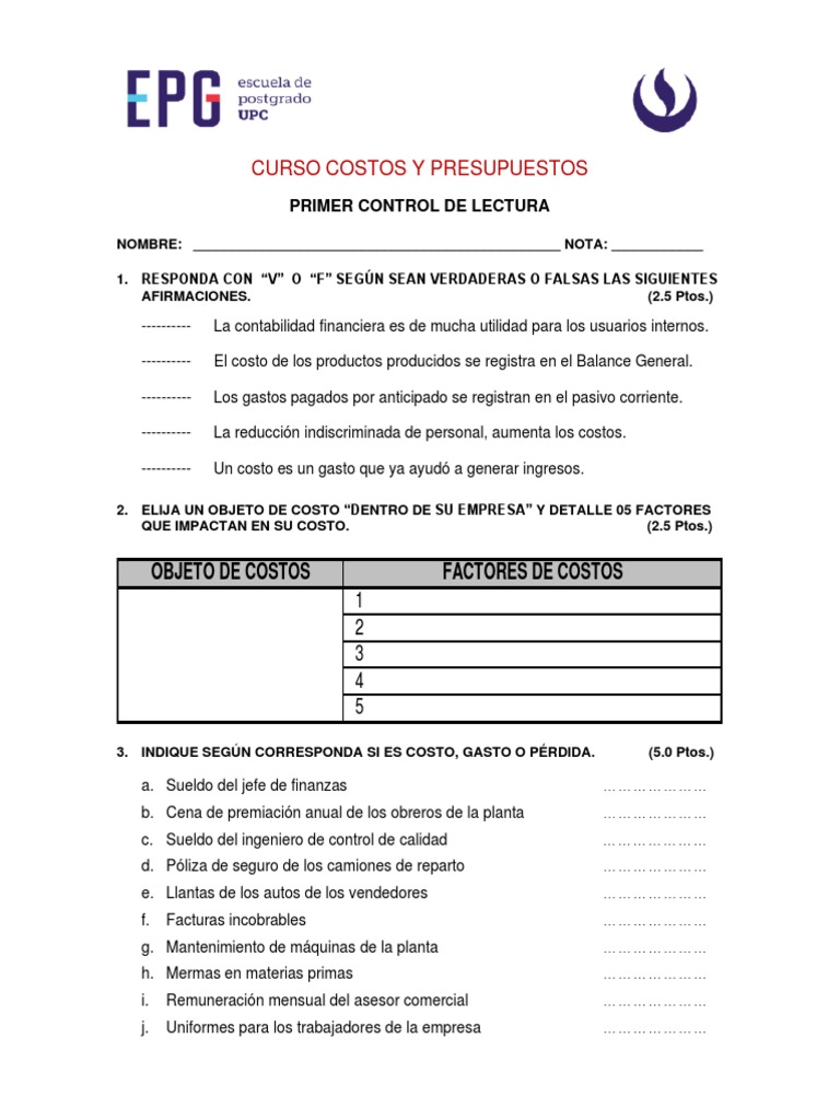 10 Control de Lectura 01 - Cefc Costos y Pptos Upc Junio 2023 | PDF | Economía Financiera ...