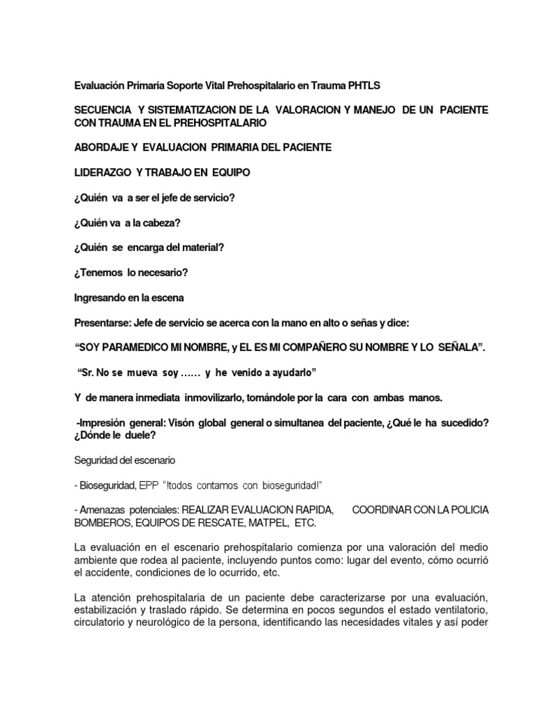 Evaluación Primaria Soporte Vital Prehospitalario en Trauma PHTLS LUMP | PDF | Coma ...