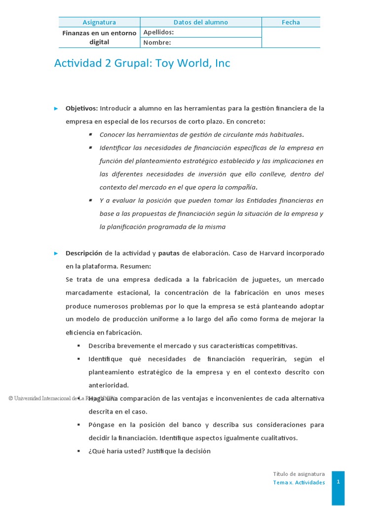 Actividad Grupal. Toy World | Descargar gratis PDF | Business | Bancos