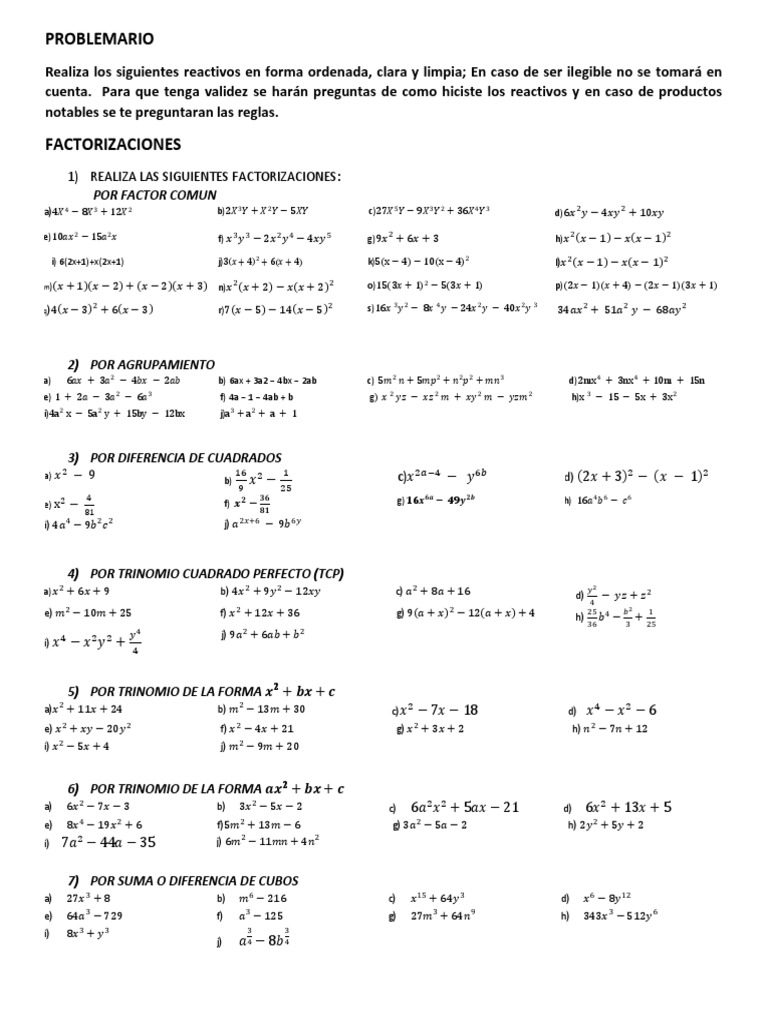 Problemario de Algebra PN y Factorizacion | PDF | Factorización | Matemáticas