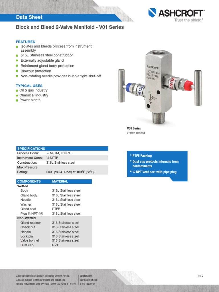 Ashcroft V01 Block and Bleed Manifold | PDF | Valve | Civil Engineering