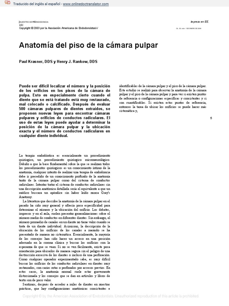Anatomy of The Pulp Chamber-Floor - ESPAÑOL | PDF | Diente | Ramas de ...