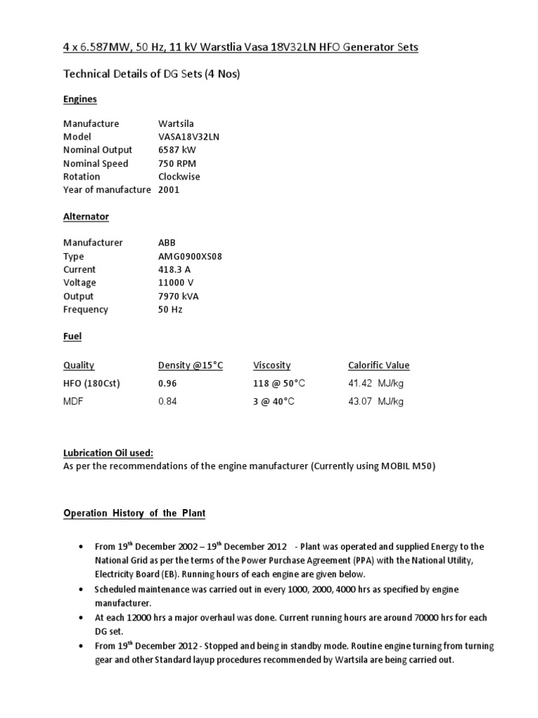5932 4 X 6 5 MW Wartsila Vasa 18v32ln Technical Details PDF Fuel