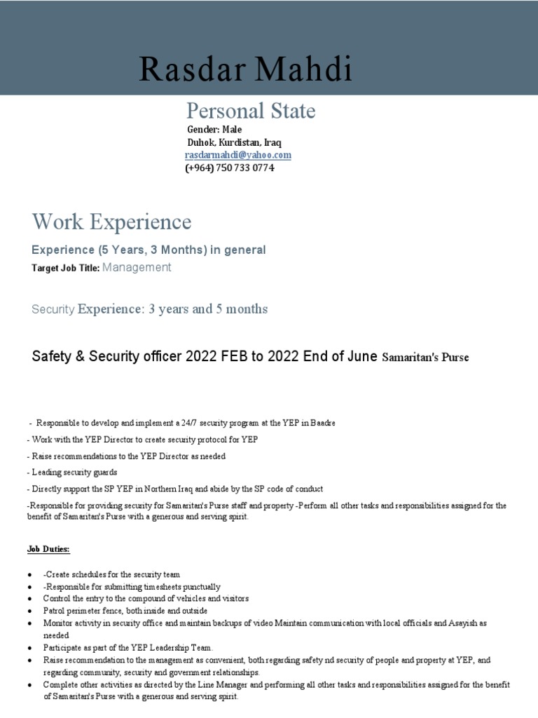 Rasdar Mahdi CV A 2022 | PDF | Security Guard | Emergency Rasdar Mahdi CV A 2022 | PDF | Security Guard | Emergency
