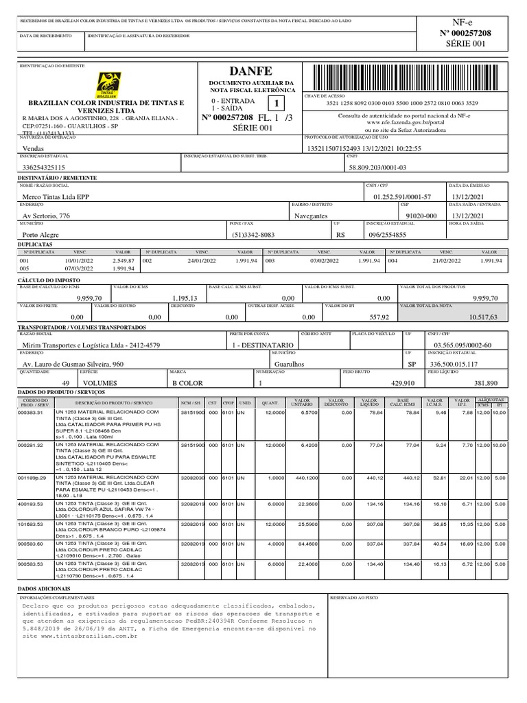 Nota Fiscal - Brazilian Tintas | PDF | Recibo | Business