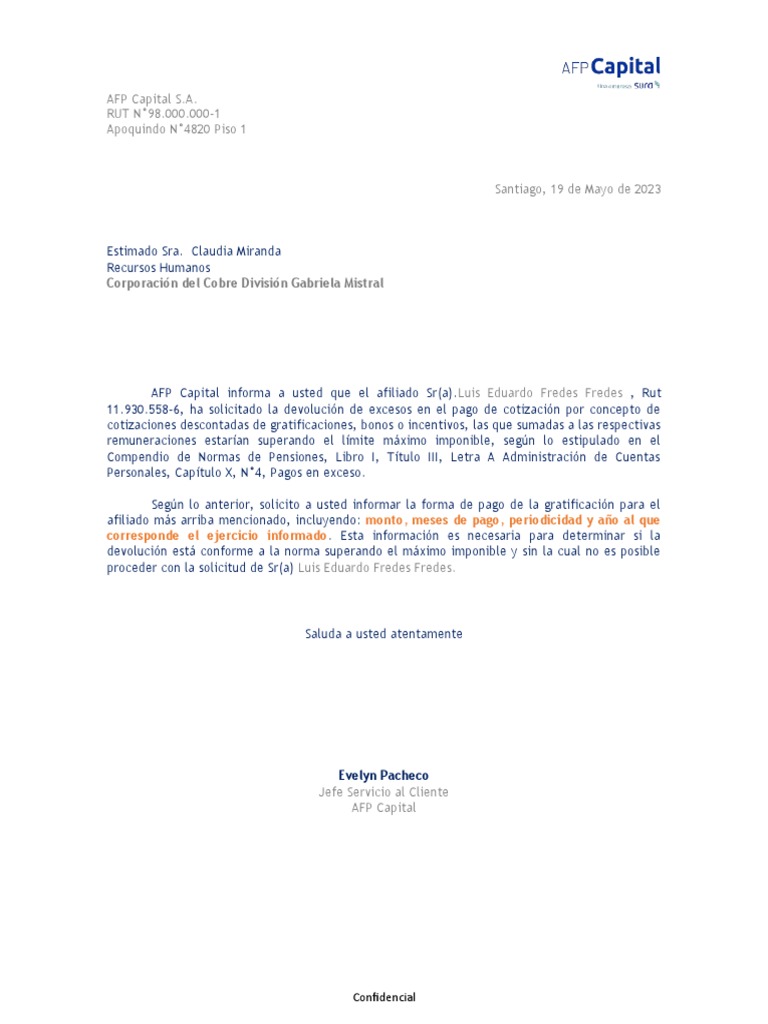 Carta Informe Periodo Gratificación Luis Fredes | PDF