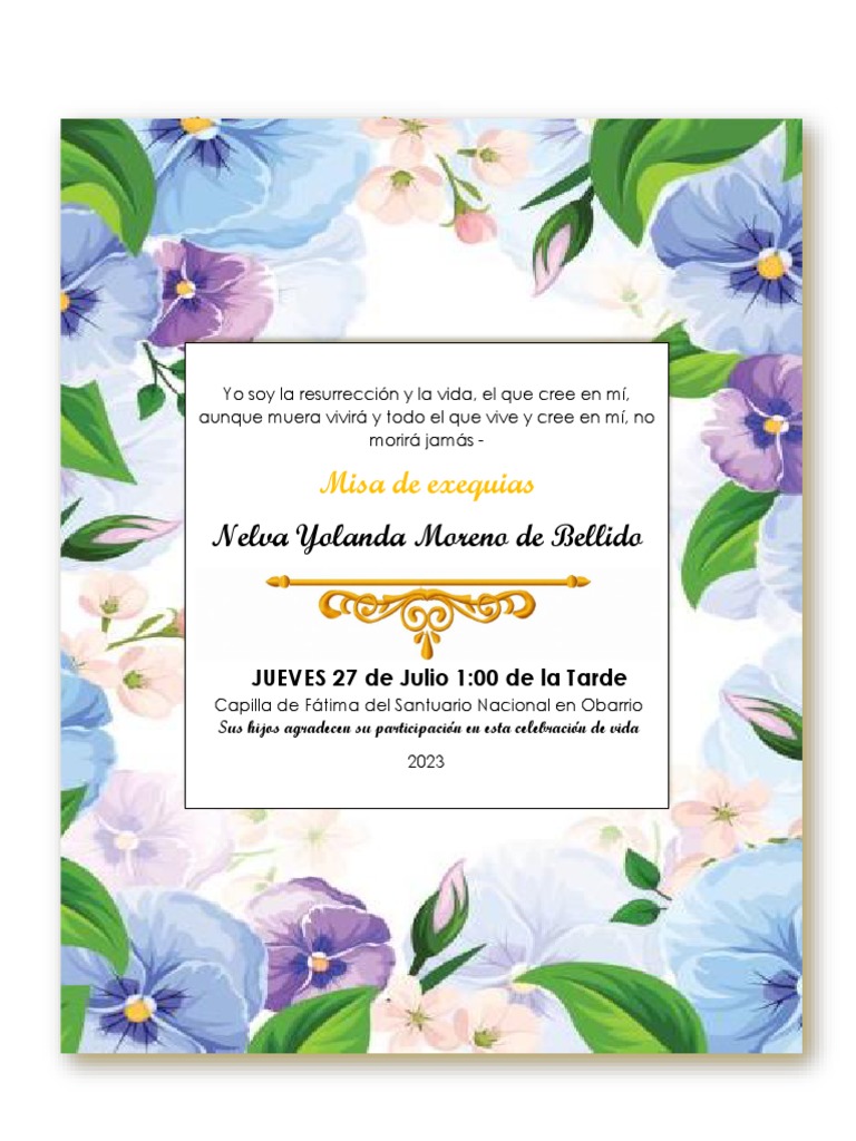 Tarjeta de Exequias de Nelva Moreno | PDF