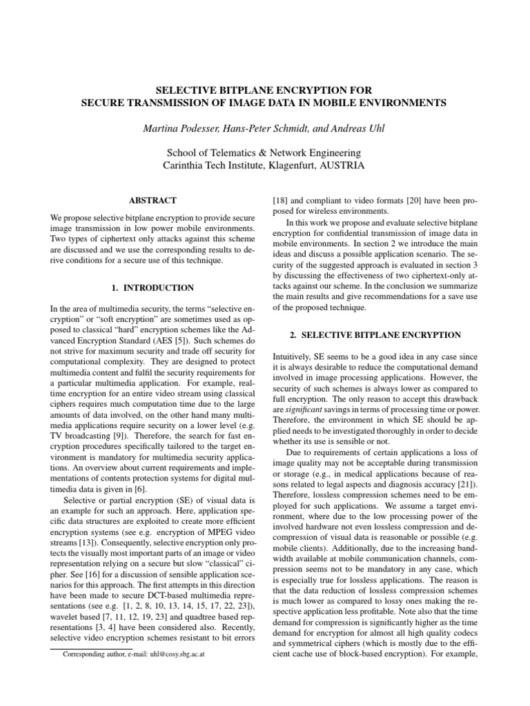 Selective Bitplane Encryption For Secure Transmission of Image Data in Mobile Environments | PDF ...