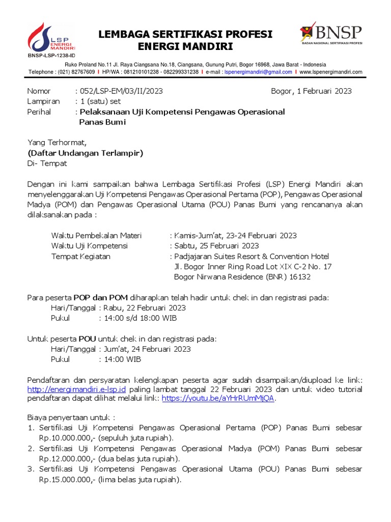 052 - Surat Undangan UJK PO Panas Bumi Batch 1-2023 | PDF | Komputer
